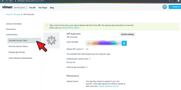 WP Automatic Plugin 2022-How To generate a Vimeo access token